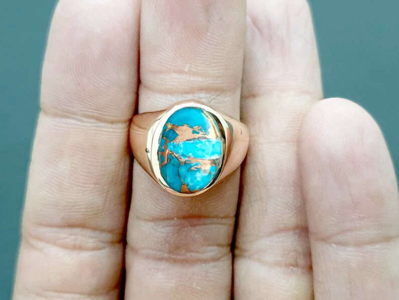 Blue Copper Turquoise Ring Cab Sterling Silver Ring Handmade - Etsy