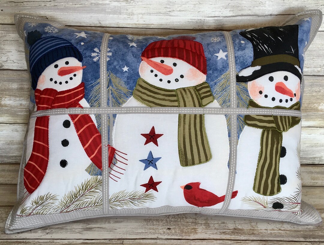 Christmas Winter Pillow Three Snowmen Outside the Window Pane Outline ...