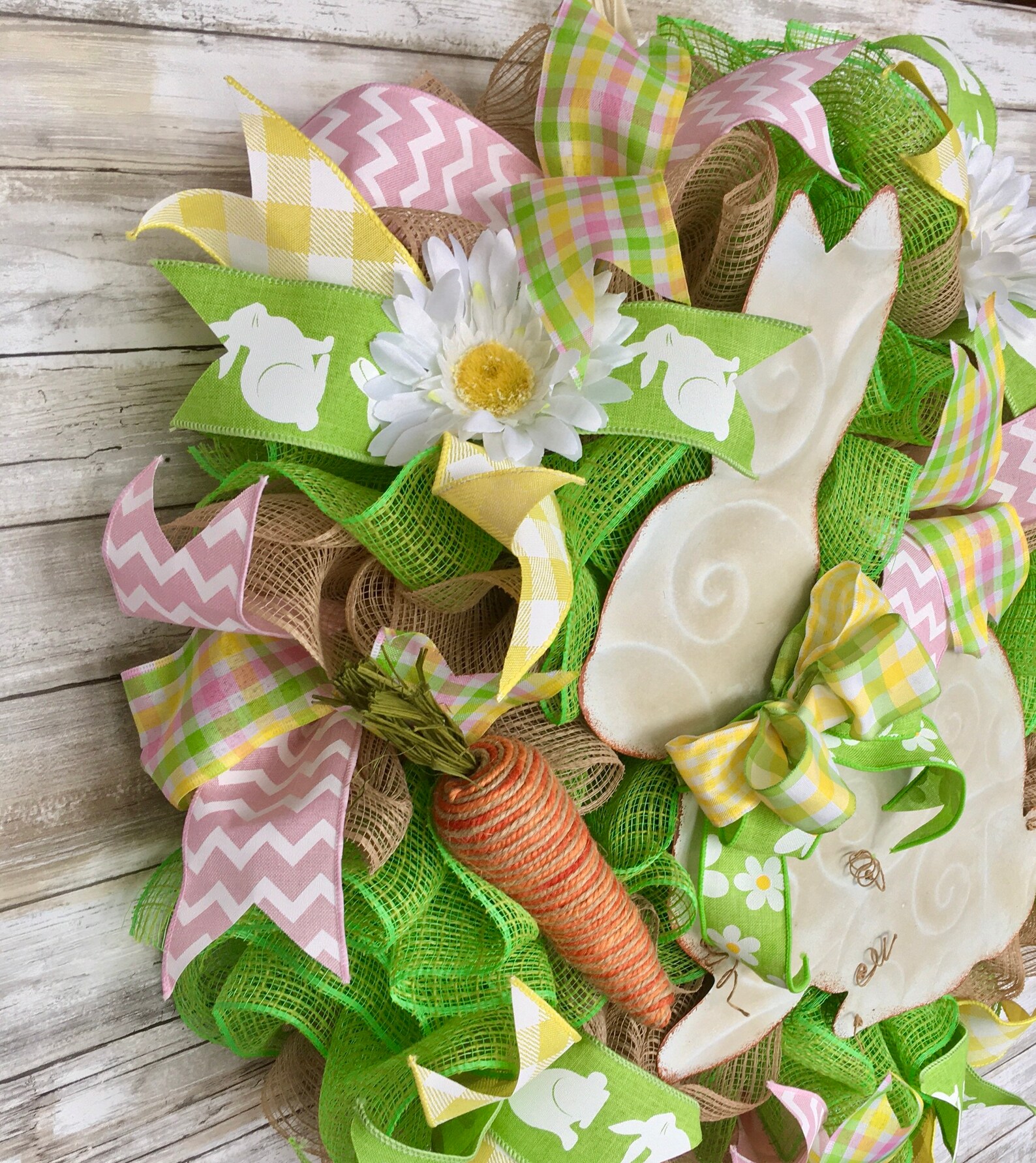 Metal Bunny with Carrot Spring Easter Fabric Mesh and Ribbon | Etsy