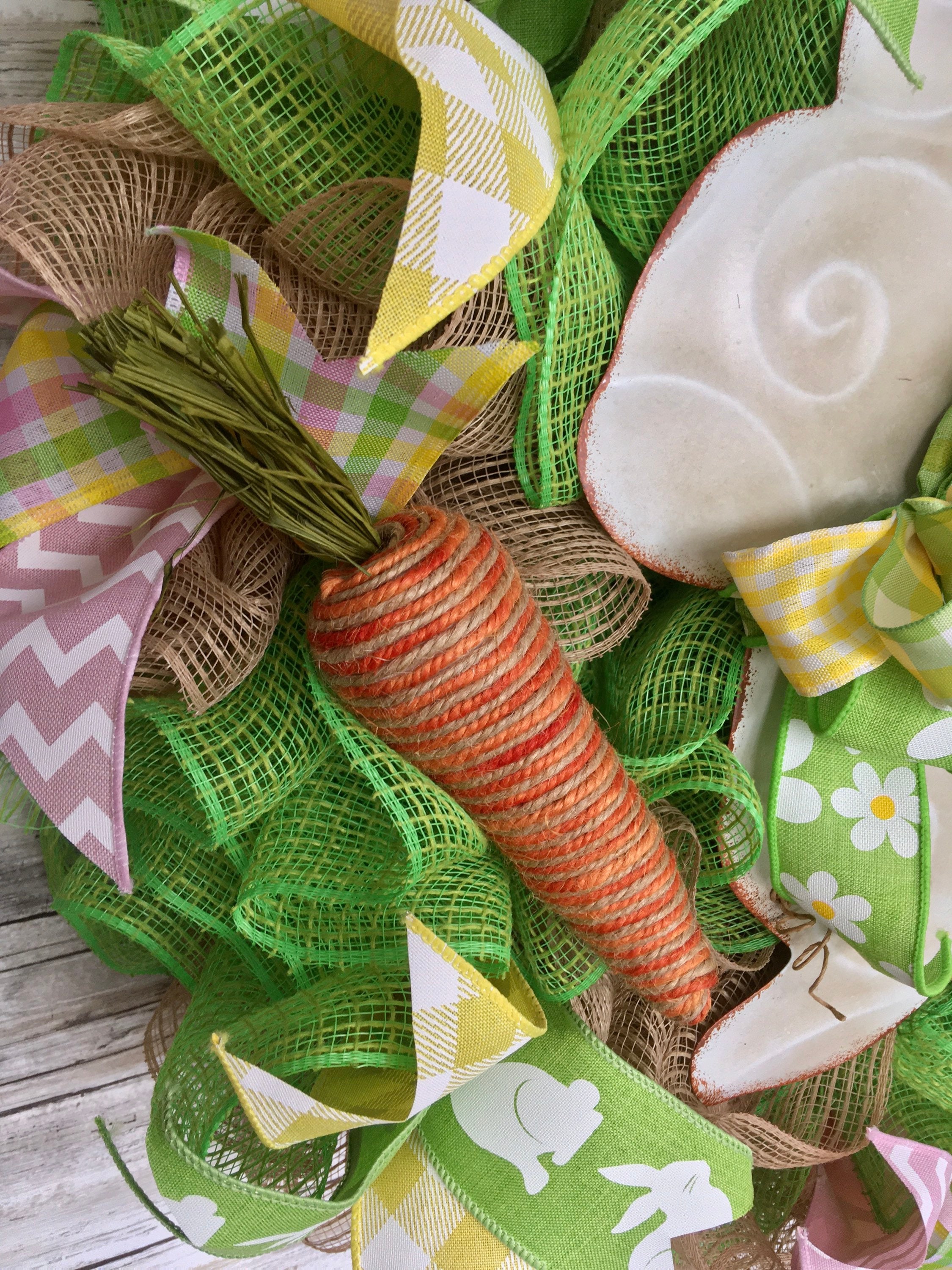 Metal Bunny with Carrot Spring Easter Fabric Mesh and Ribbon | Etsy