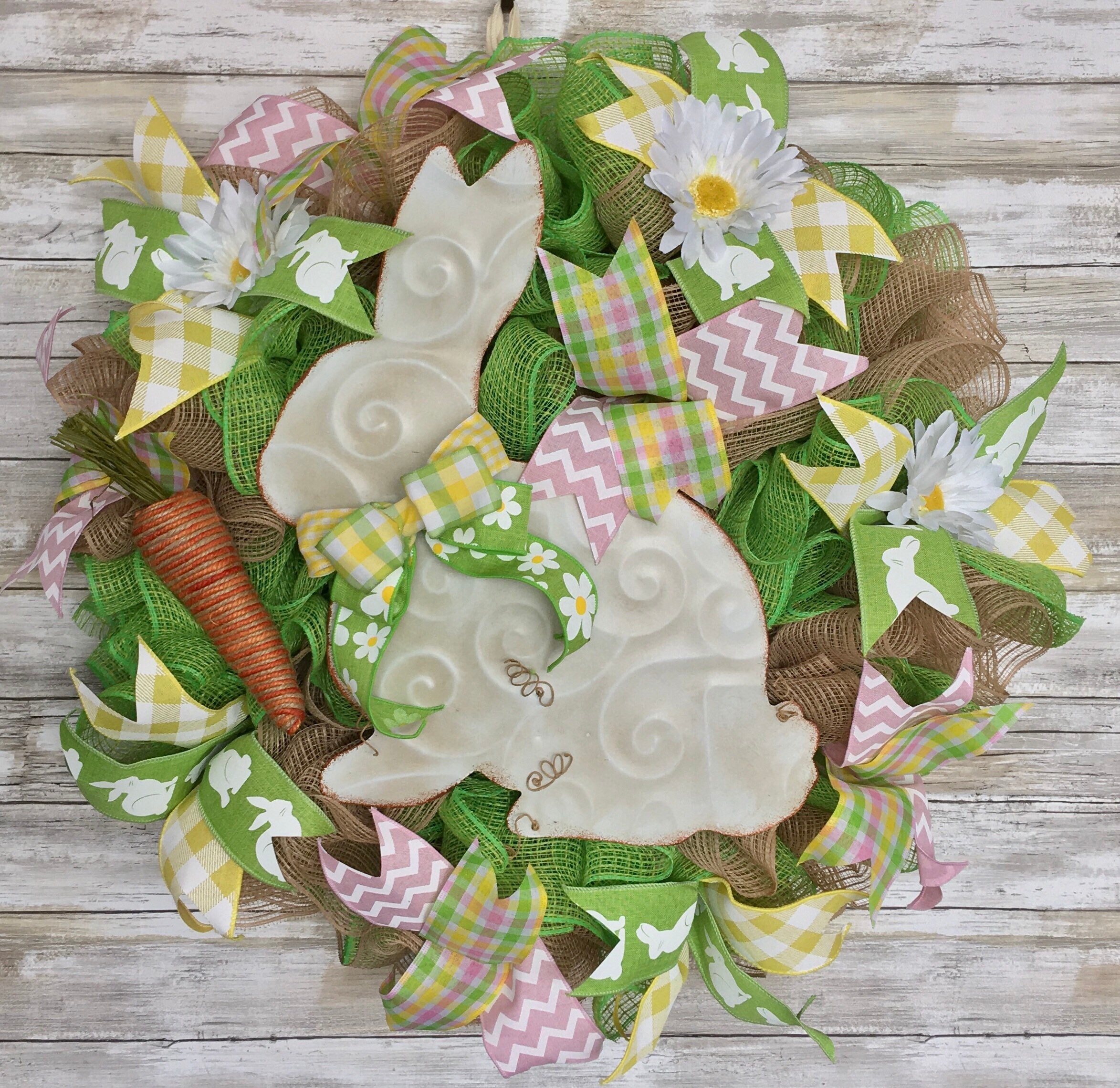 Metal Bunny With Carrot Spring Easter Fabric Mesh and Ribbon Wreath ...