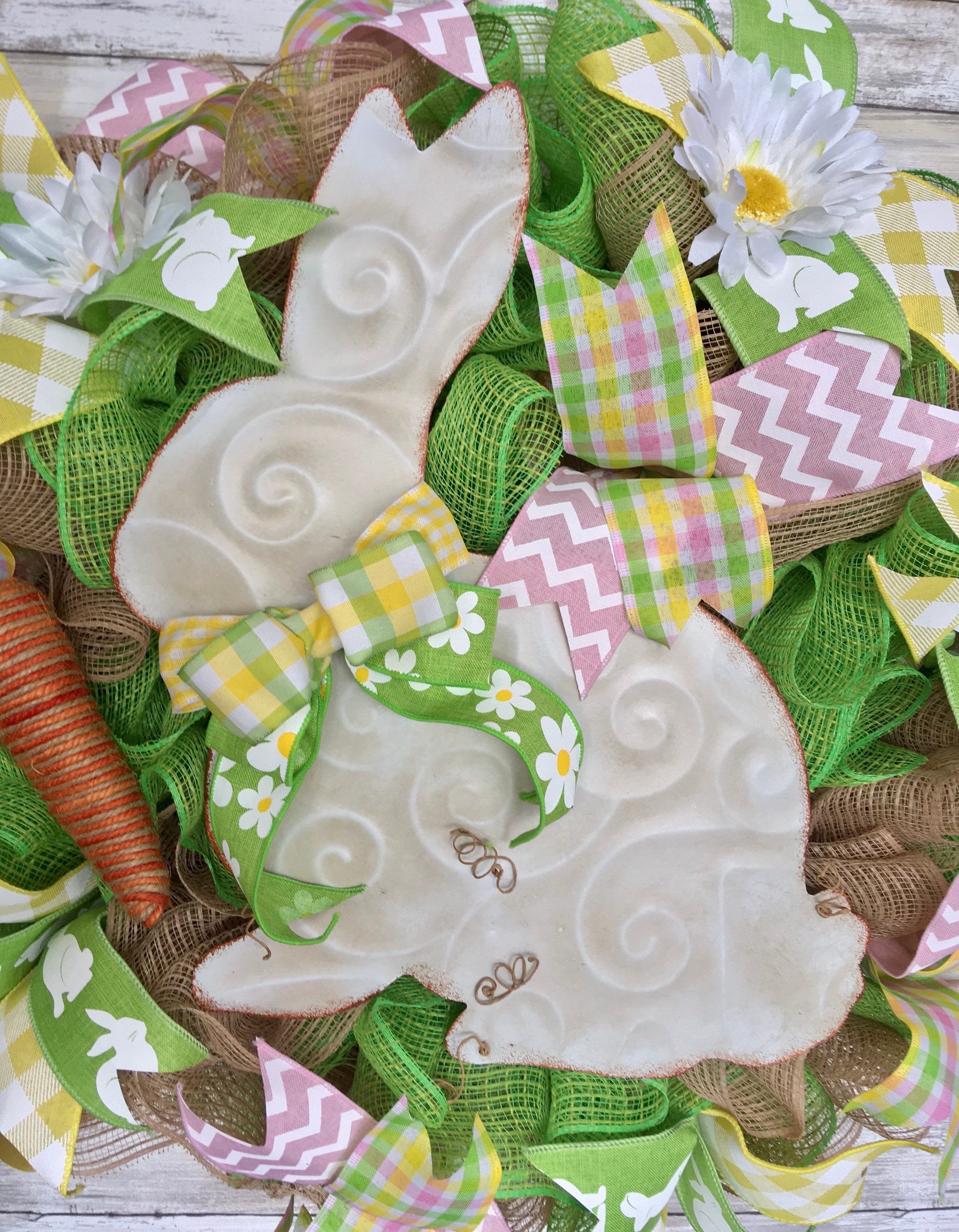 Metal Bunny with Carrot Spring Easter Fabric Mesh and Ribbon | Etsy