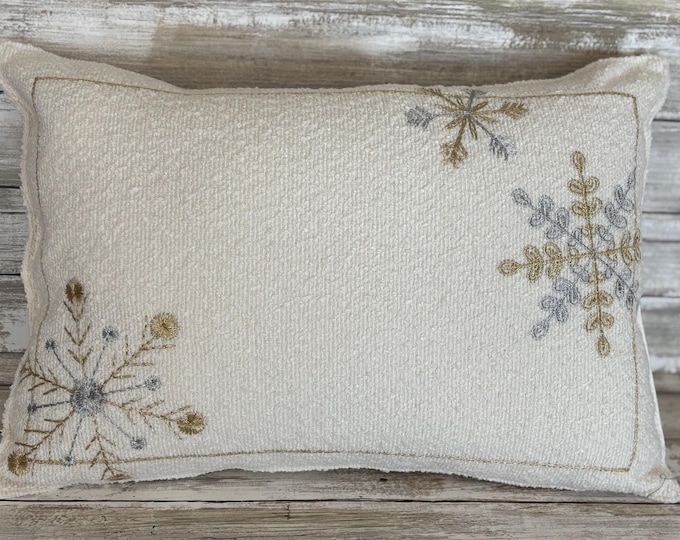 Christmas Winter Embroidered Silver and Gold Snowflake Pillow 17" X 12 ...