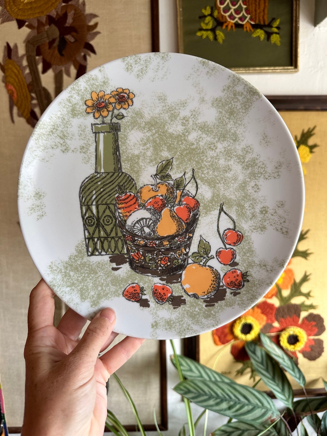 Vintage Texas Ware Melamine 70s Dinner Plates | Mushrooms Daisies Pears ...