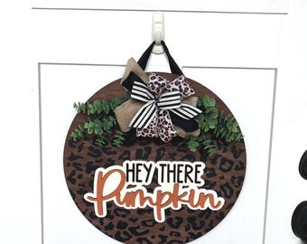 Fall Door Hanger | Leopard Print Pumpkin Sign | 18" Round Maple Wood ...