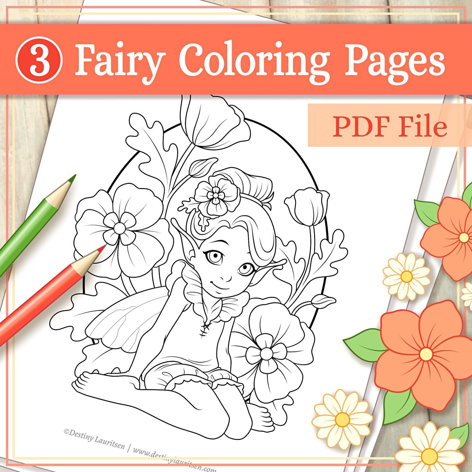 Fairy Coloring Pages 3 Adorable Pixie and Flower - Etsy