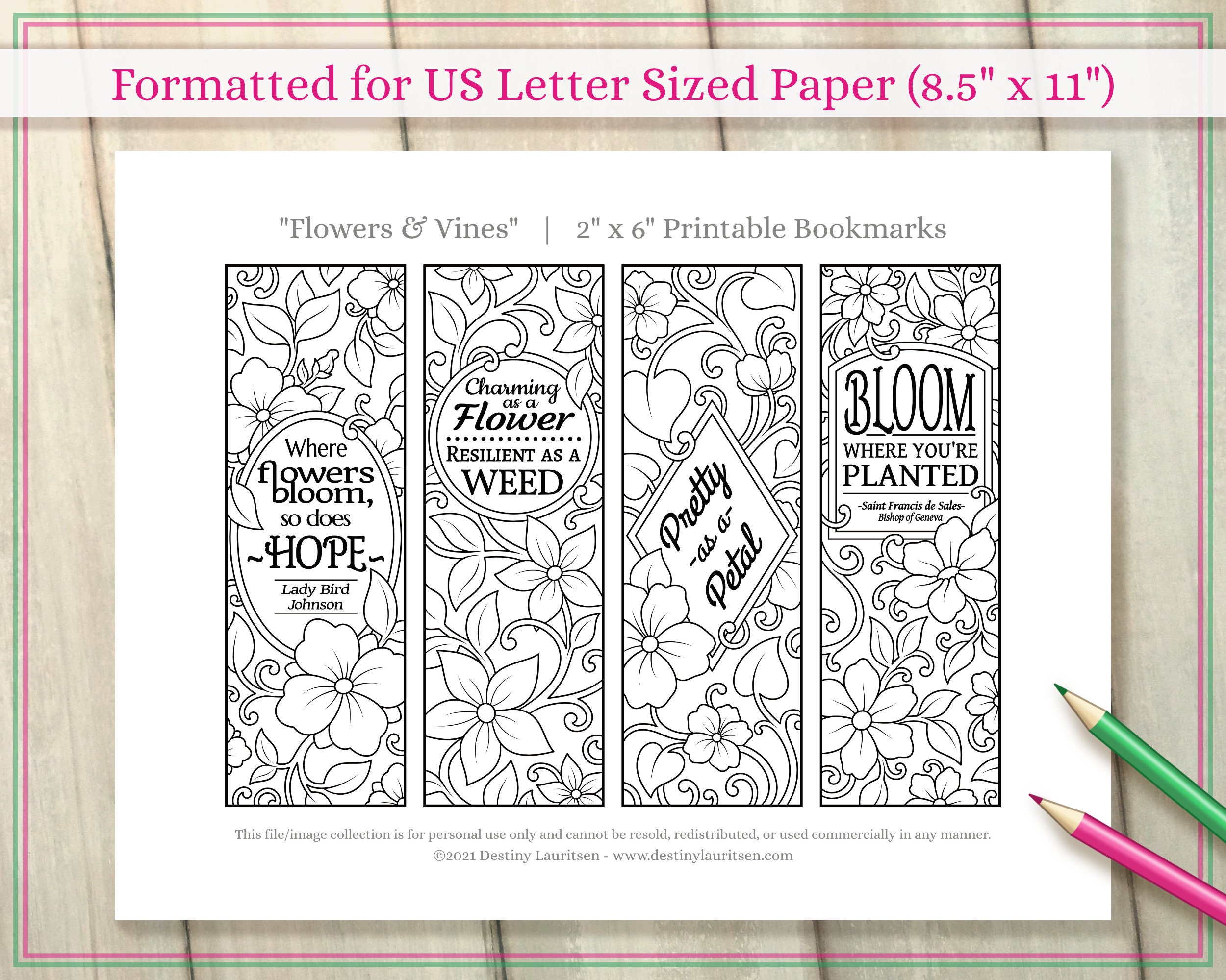 Color Your Own Bookmarks Set of 4 Printable Flower Quote | Etsy