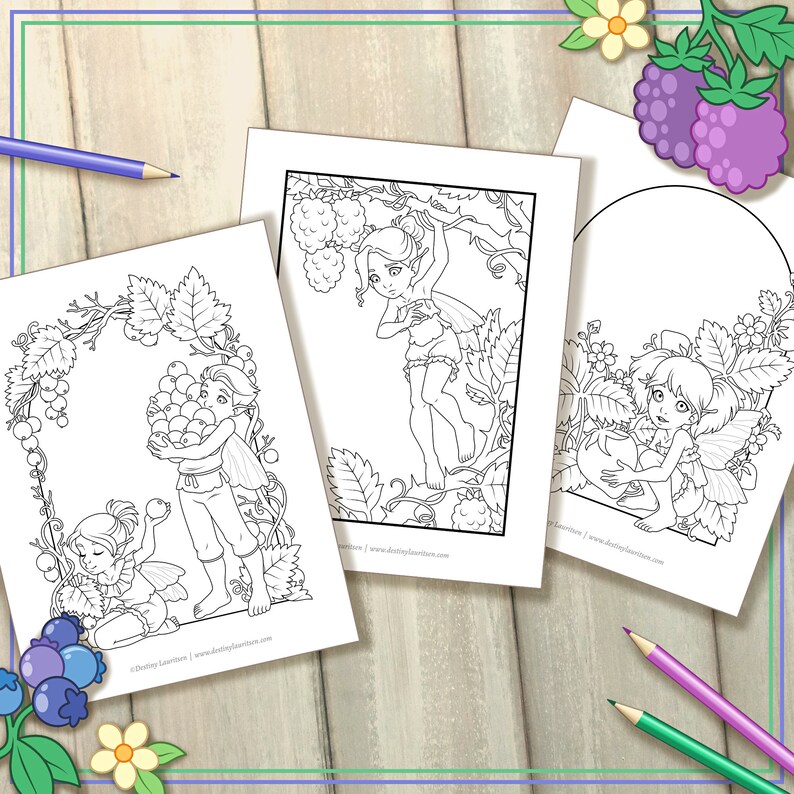 Fairy Coloring Pages - 3 Adorable Berry-themed Pixie Illustrations ...