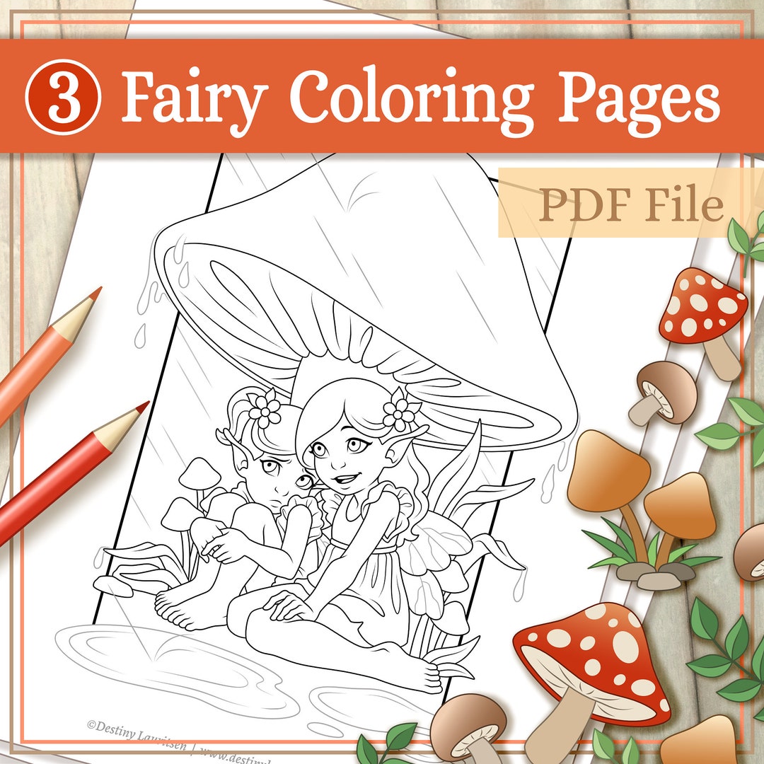 Fairy Coloring Pages - 3 Beautiful Pixie and Mushroom Illustrations ...