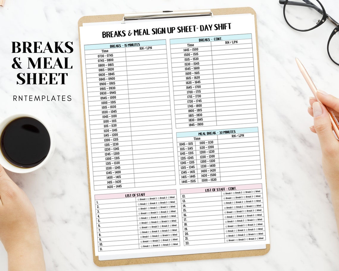 Nurse Break & Meals Tracker Template 2 Versions for 12 Hour | Etsy