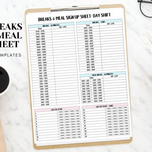 Nurse Break & Meals Tracker Template, 2 Versions for 12 Hour and 8 Hour ...