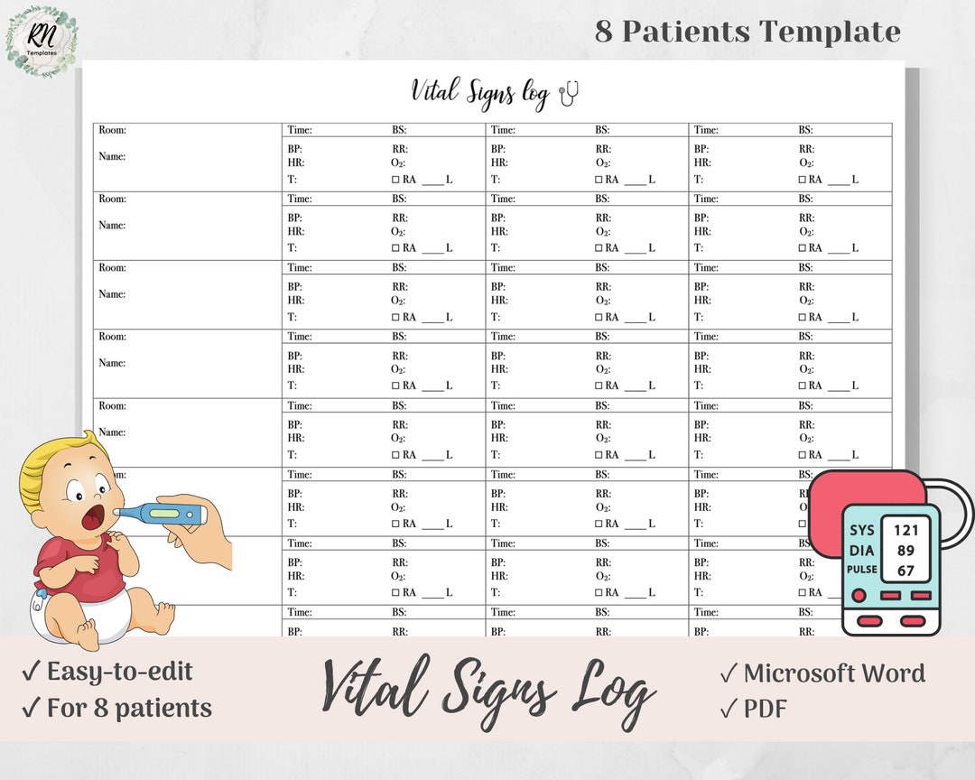 Vital Signs Log, 8 Patients, for Nurses, Cnas and Techs, Microsoft Word ...