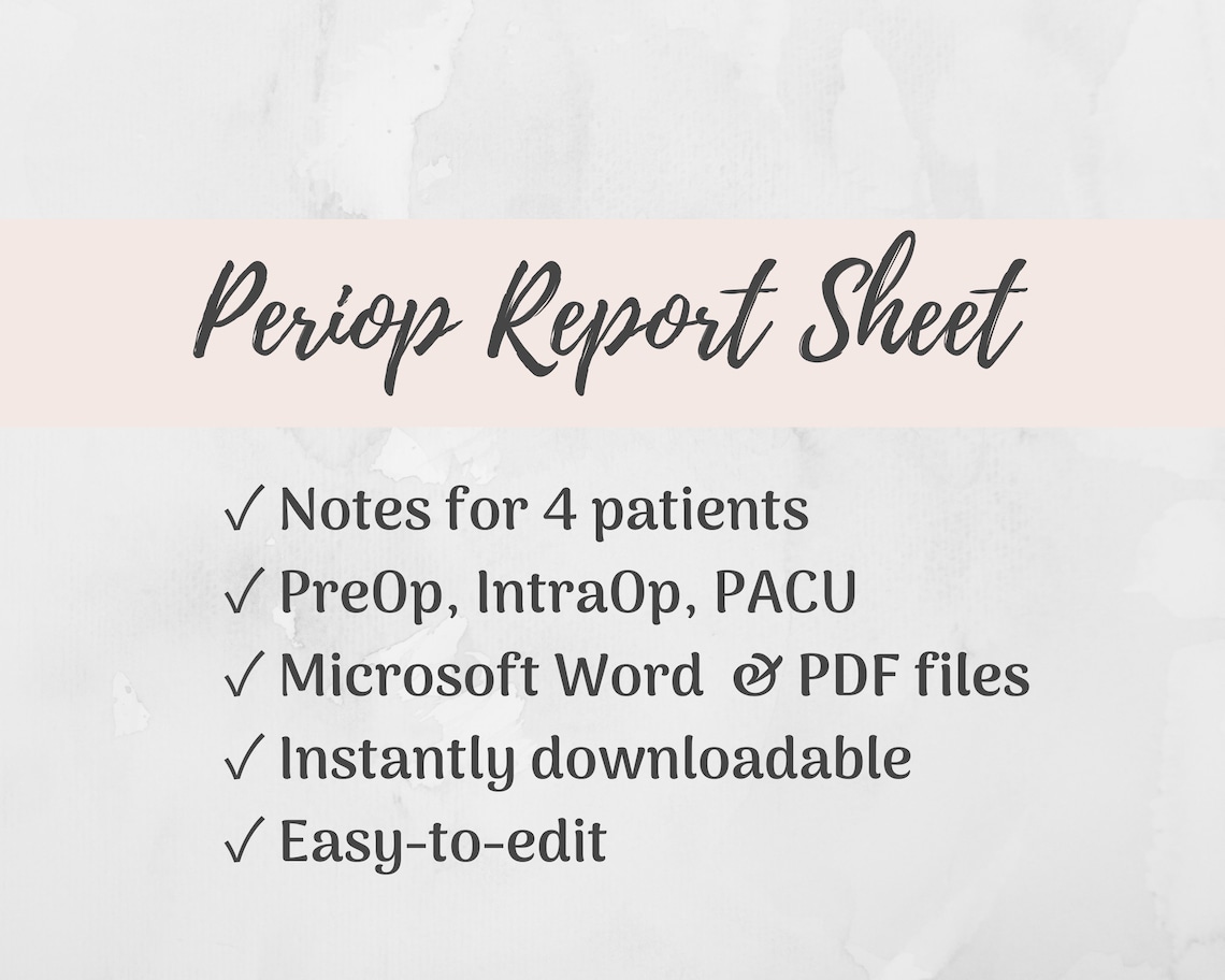 Preop / PACU Nurse Report Sheet for 4 Patients, Periop, Preop, Intraop ...