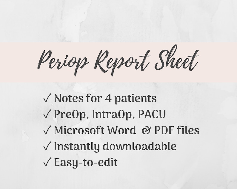 Preop / PACU Nurse Report Sheet for 4 Patients, Periop, Preop, Intraop ...