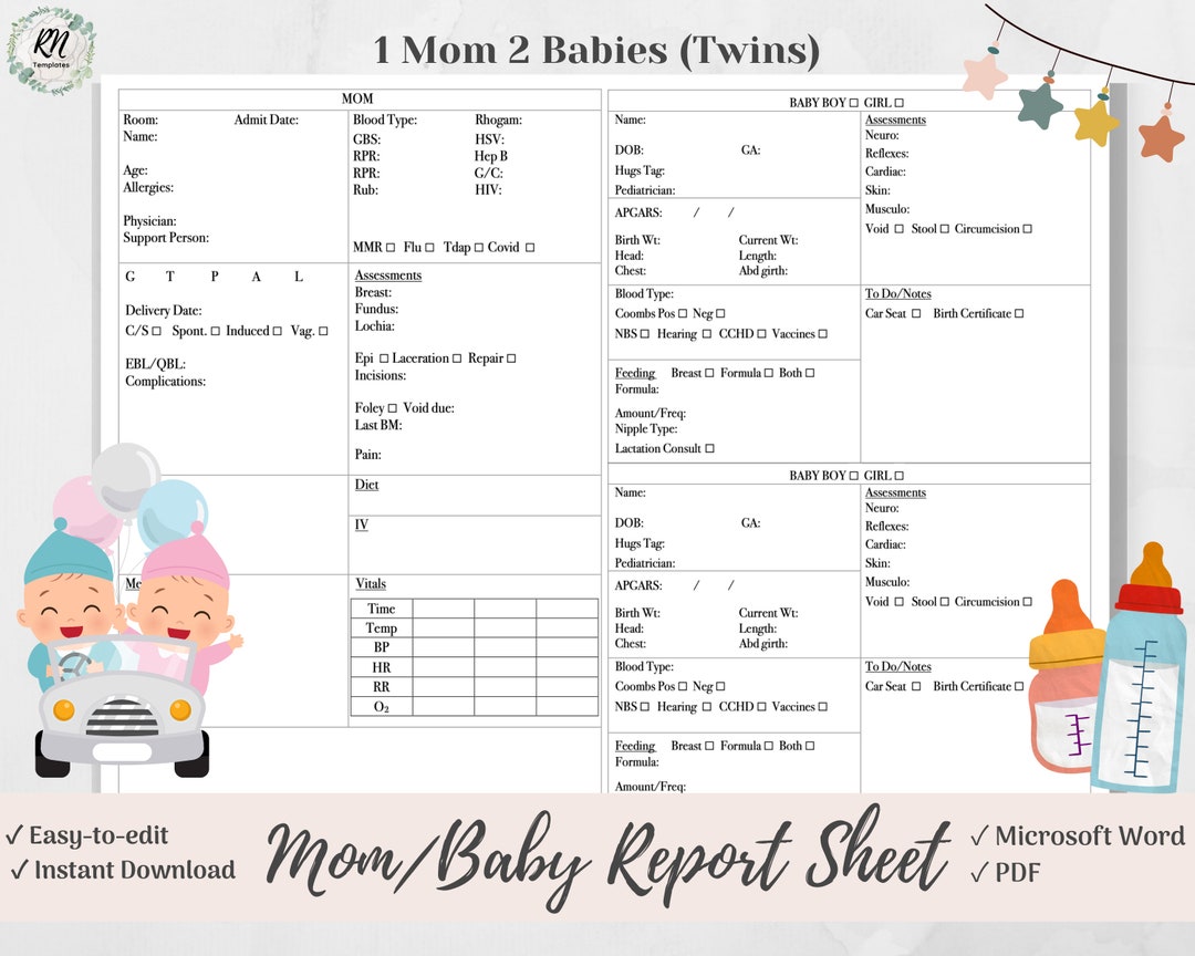 Mom & Baby Nurse Brain Report Sheet for 1 Mom 2 Babies, Twins ...