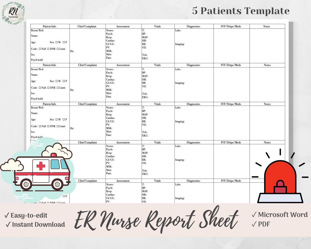 ER Nurse Brain Report Sheet for 5 Patients, Emergency Nursing ...