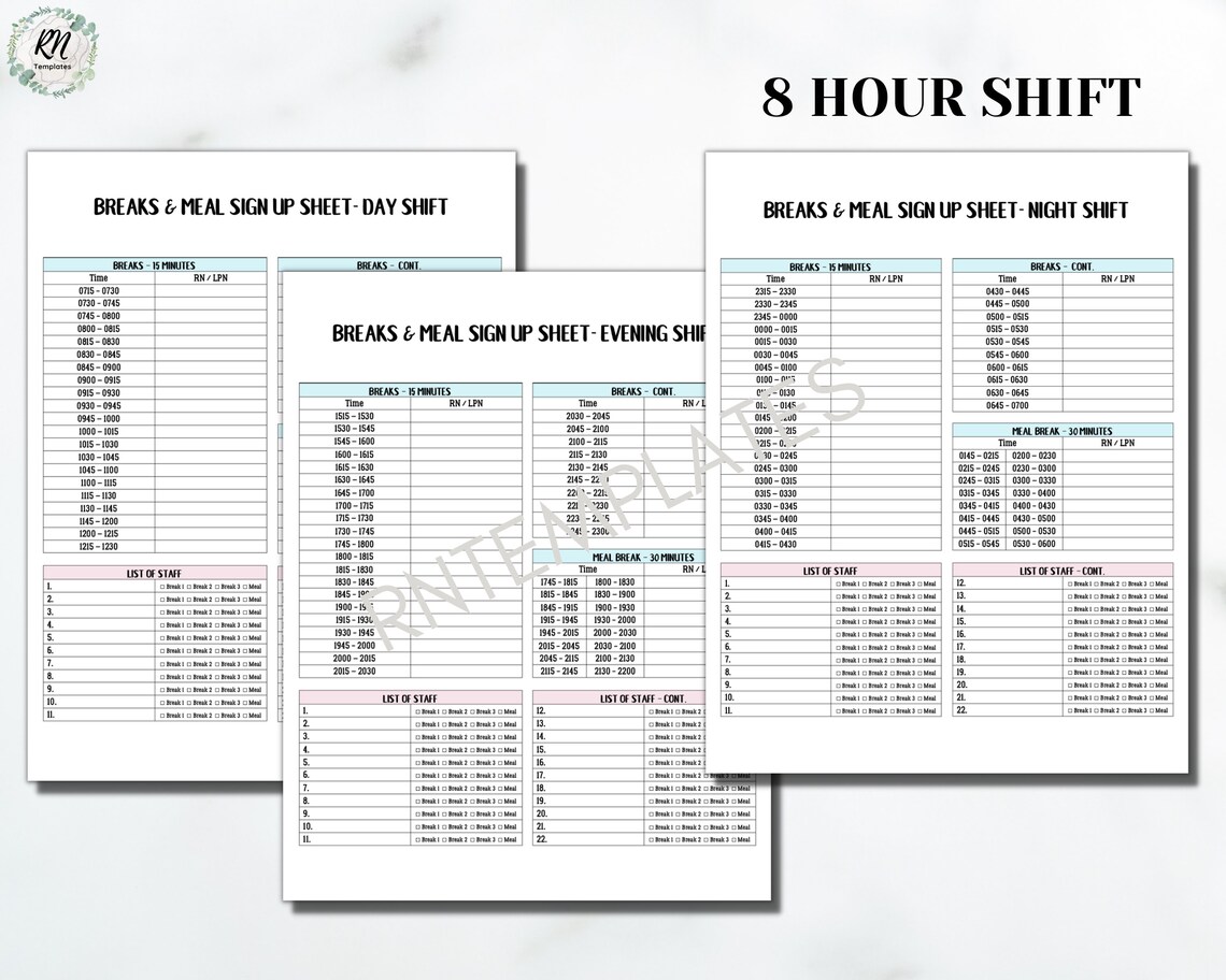 Nurse Break & Meals Tracker Template, 2 Versions for 12 Hour and 8 Hour ...