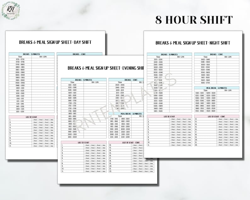 Nurse Break & Meals Tracker Template 2 Versions for 12 Hour | Etsy