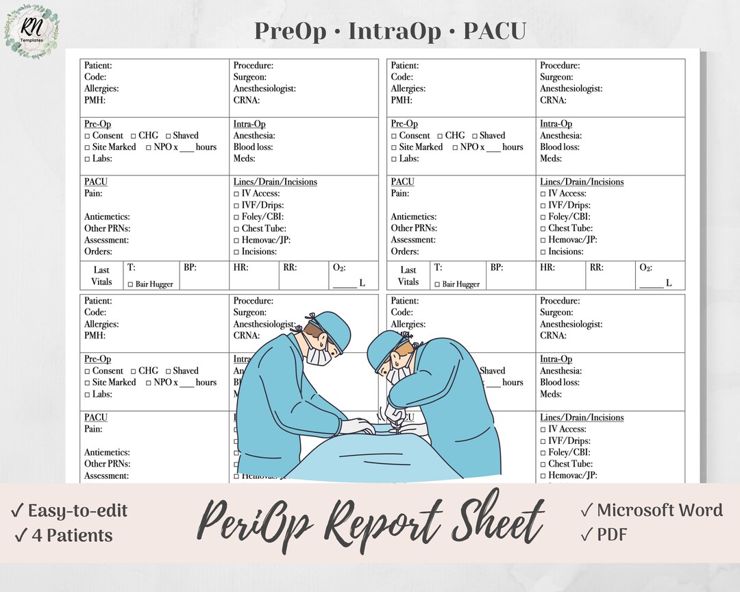 Preop / PACU Nurse Report Sheet for 4 Patients, Periop, Preop, Intraop ...