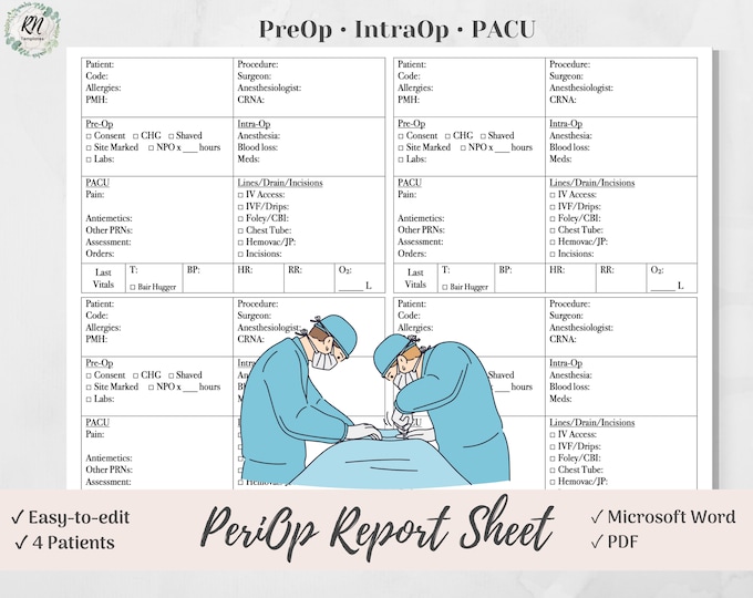 Preop / PACU Nurse Report Sheet for 4 Patients, Periop, Preop, Intraop ...
