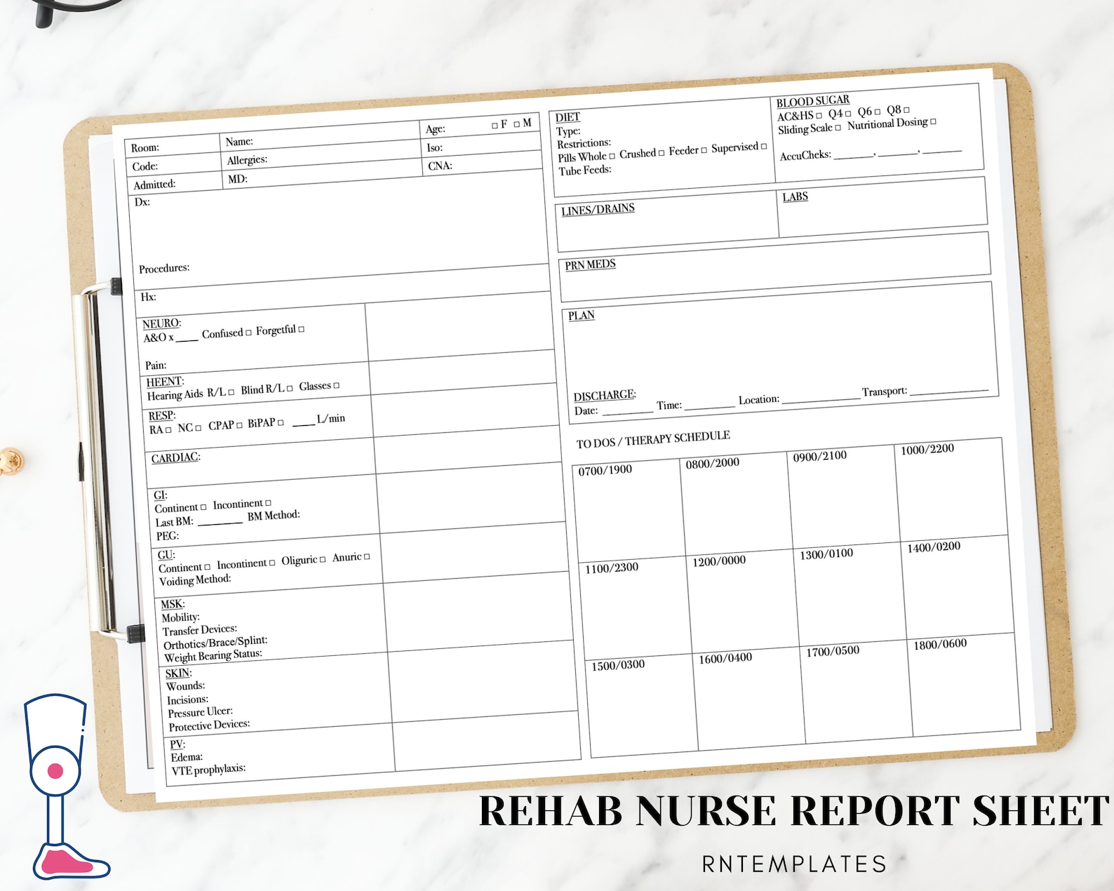 Inpatient Rehab Nurse Report Sheet for 1 Patient, Rehabilitation Nurse ...