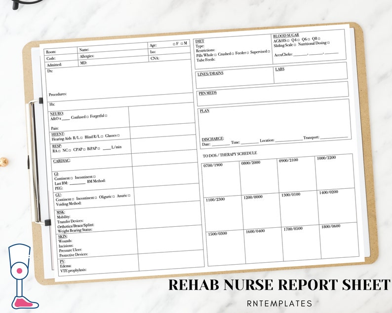 Inpatient Rehab Nurse Report Sheet for 1 Patient, Rehabilitation Nurse ...