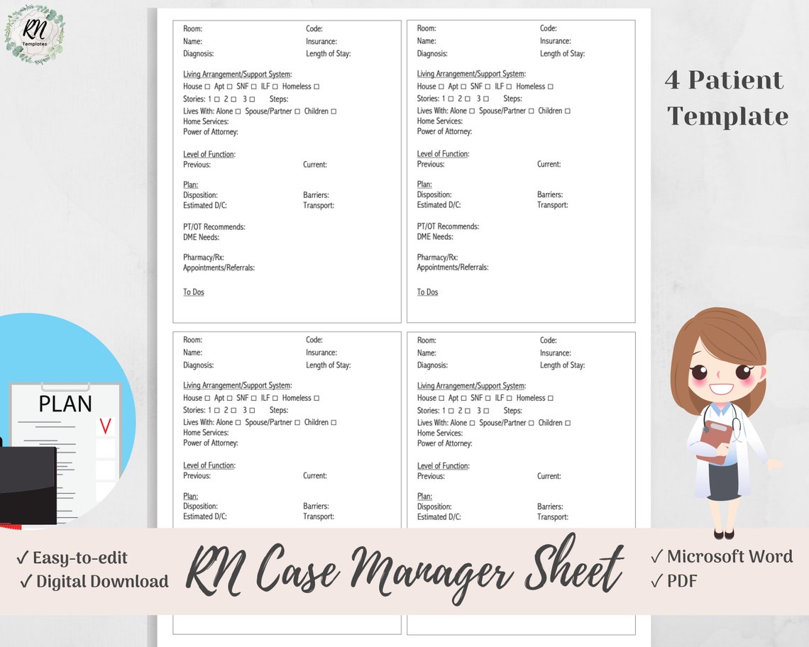 RN Case Manager Discharge Planner Organizer Sheet Template for 4 ...
