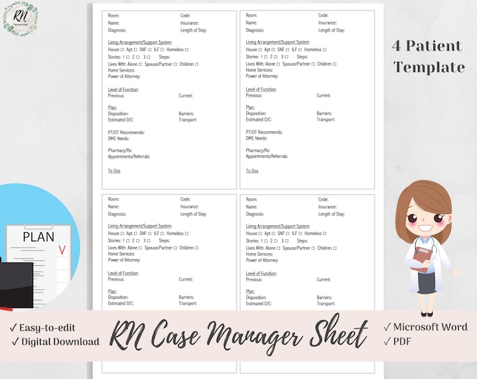 RN Case Manager Discharge Planner Organizer Sheet Template for 4 ...