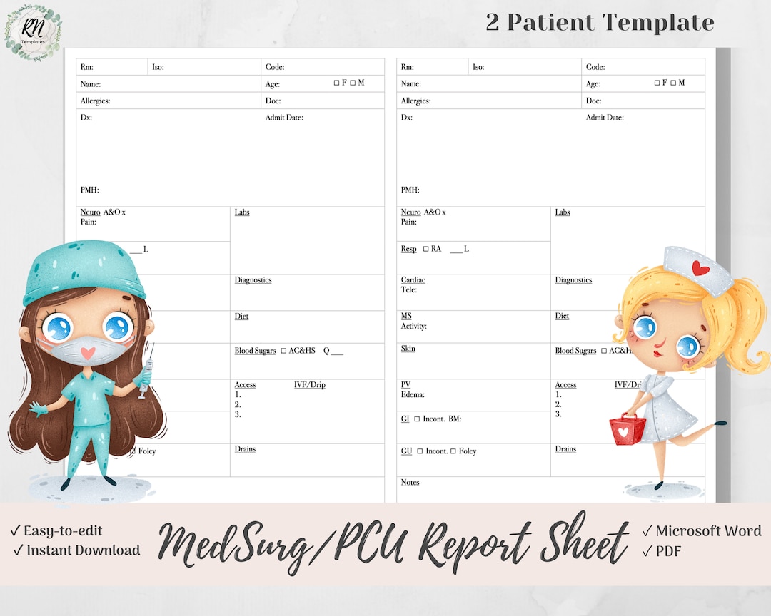Medsurg PCU 2 Patient Nurse Brain Report Sheet, Medical Surgical ...