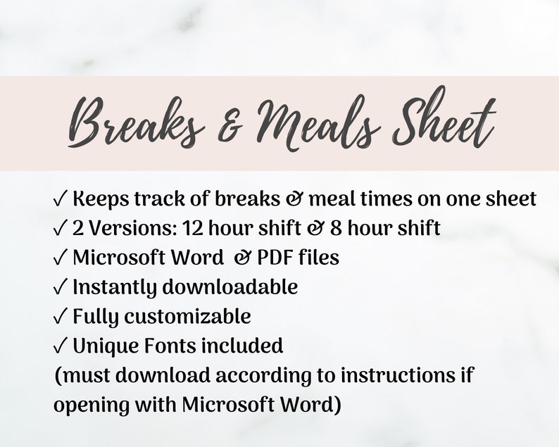 Nurse Break & Meals Tracker Template 2 Versions for 12 Hour | Etsy