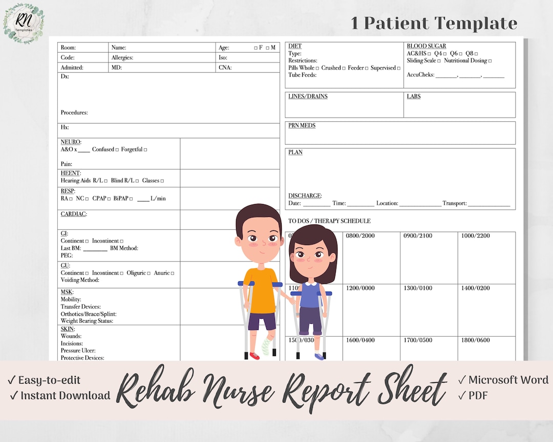 Inpatient Rehab Nurse Report Sheet for 1 Patient, Rehabilitation Nurse ...