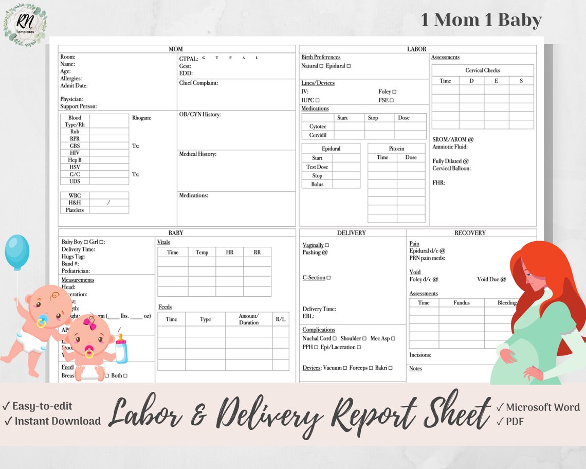 Labor and Delivery Nurse Brain Report Sheet 1 Mom and 1 Baby - Etsy