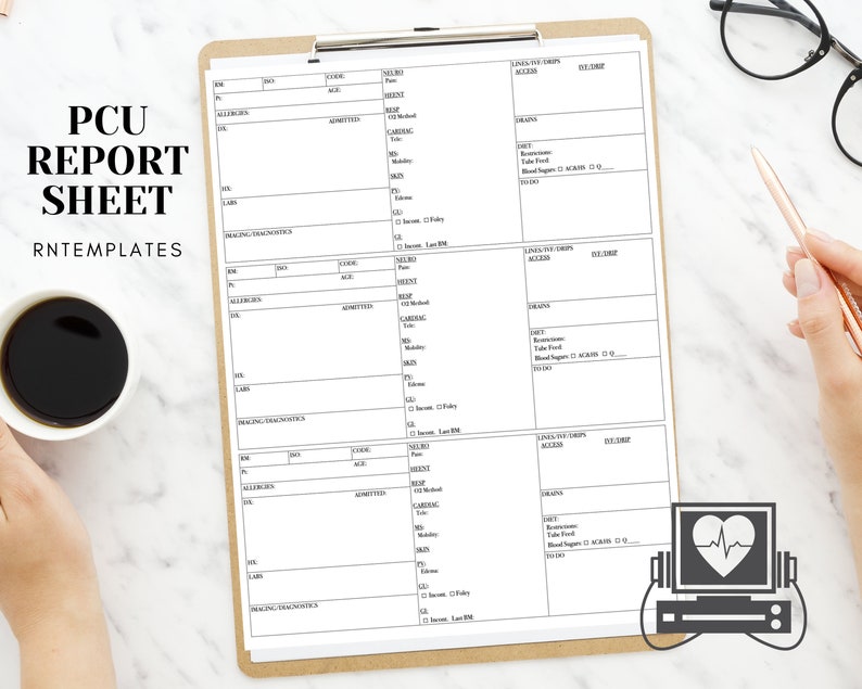 Simple PCU IMCU Nurse Brain Report Sheet for 3 Patients, Progressive ...