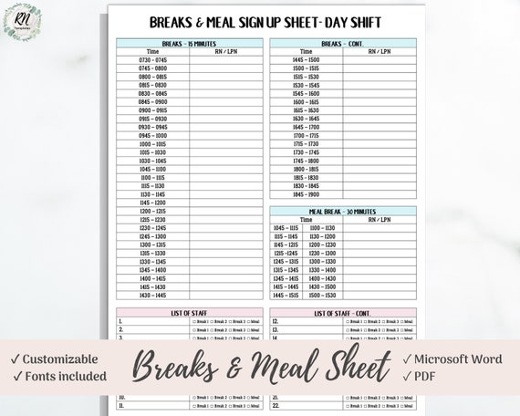 Nurse Break & Meals Tracker Template 2 Versions for 12 Hour - Etsy
