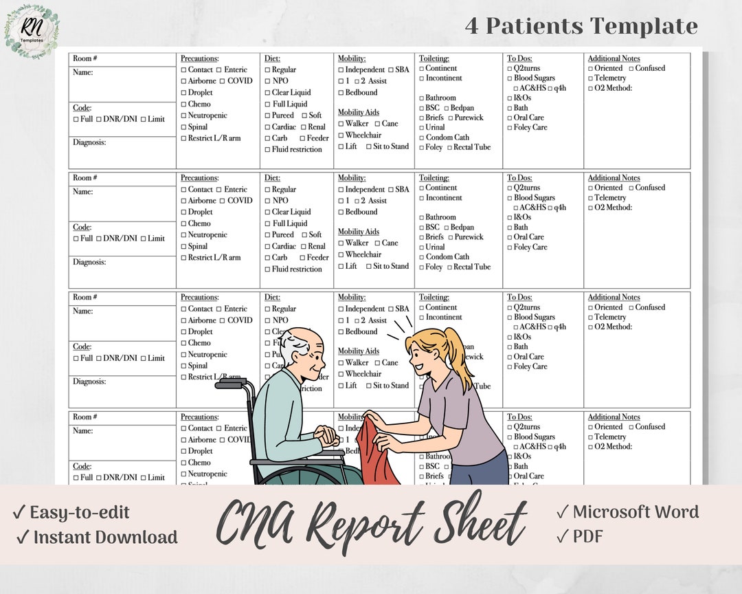 CNA Brain Sheet for 4 Patients Checkbox Version, Certified Nursing ...