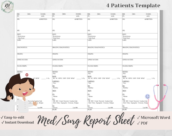 The BEST Med/surg Nurse Brain Report Sheet for 4 Patients, Microsoft ...