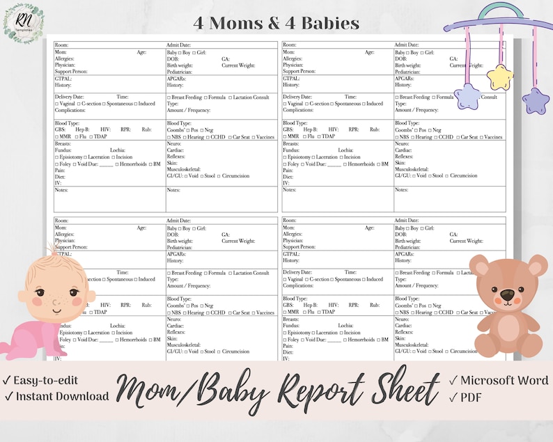 The Ultimate Mom & Baby Nurse Brain Report Sheet, 4 Mom and 4 Babies ...