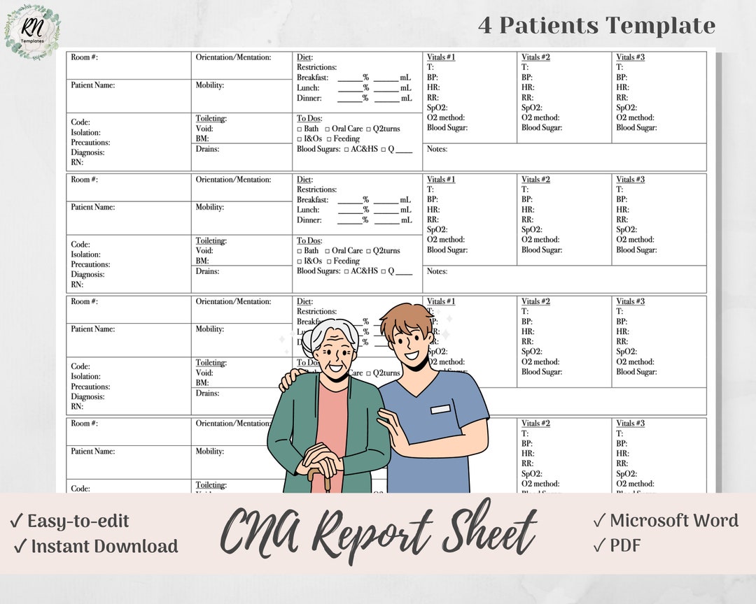 My Favorite CNA Brain Report Sheet for 4 Patients, Certified Nursing ...