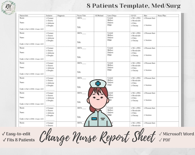 Charge Nurse Brain Report Sheet, Med/surg Version, Nurse Handoff ...