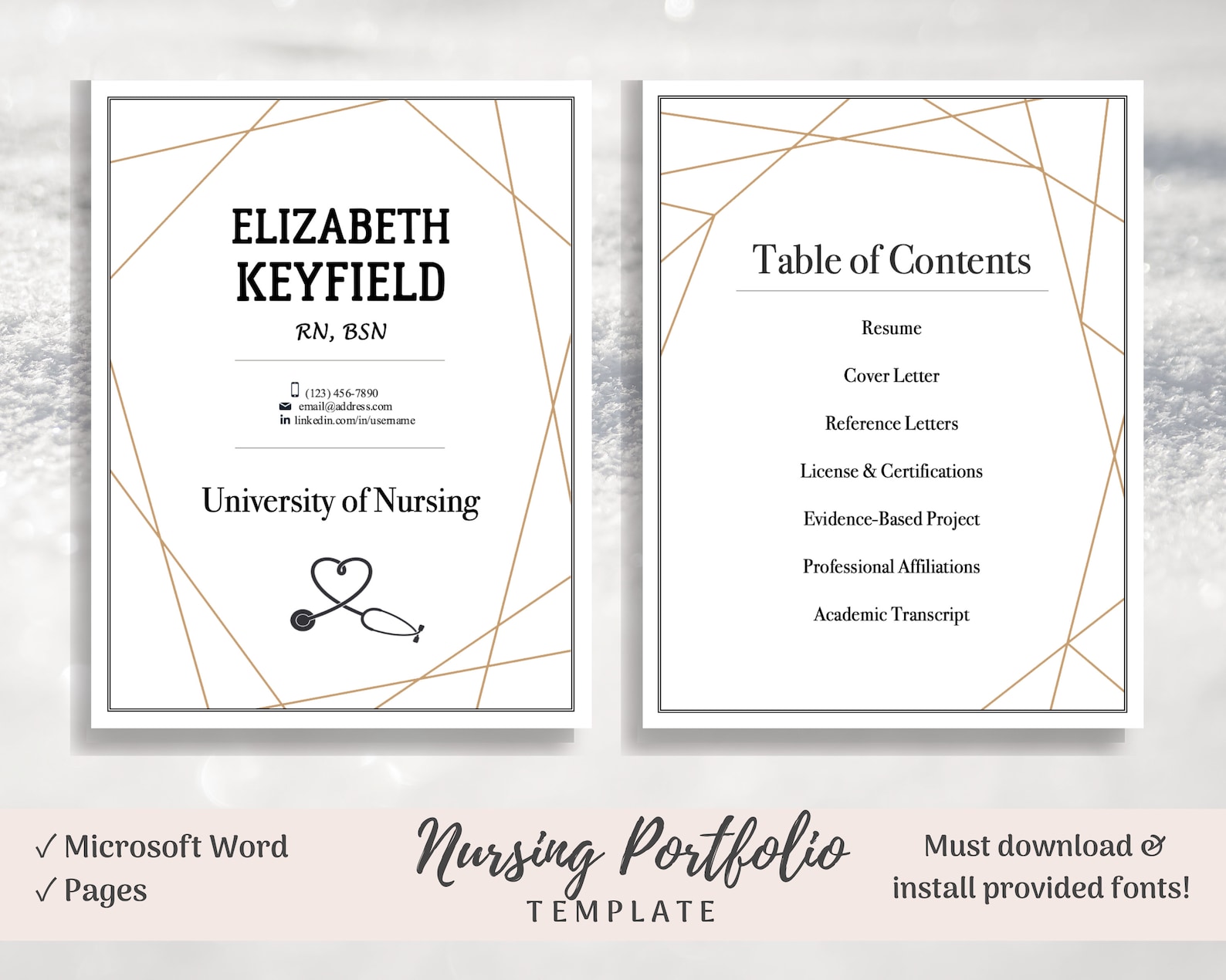 Nursing Portfolio Template, Geometric Gold, Registered Nurse Template ...