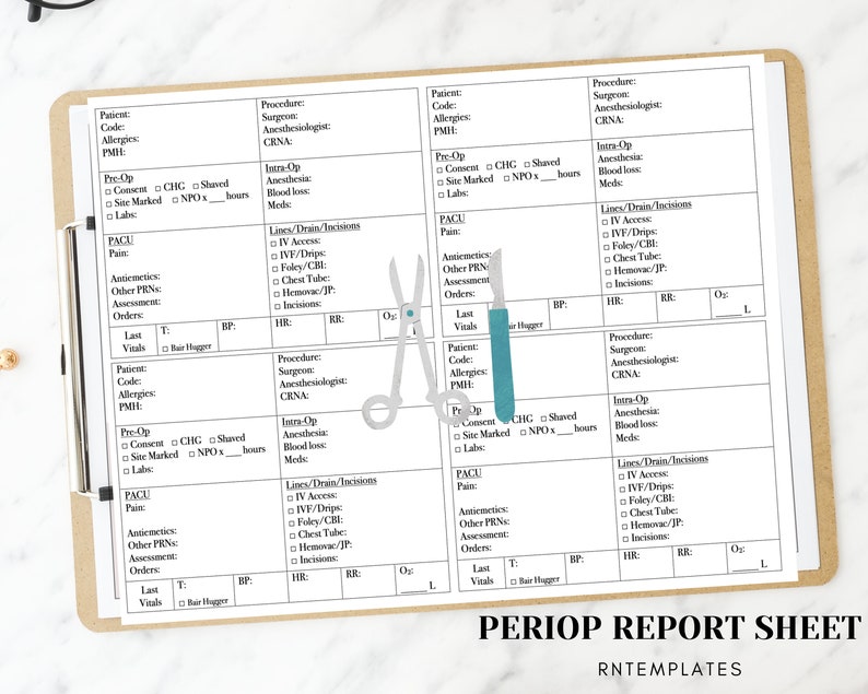 Preop / PACU Nurse Report Sheet for 4 Patients, Periop, Preop, Intraop ...