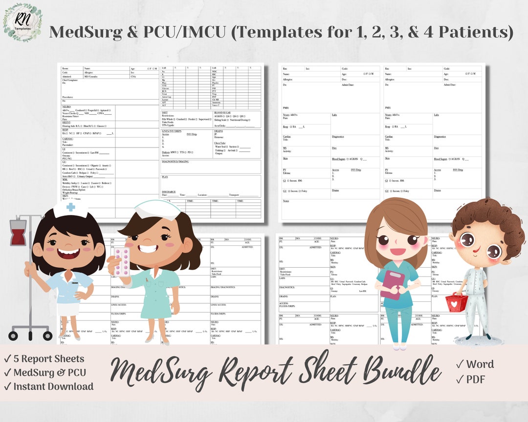 Medsurg PCU Report Bundle, 5 Templates (1, 2, 3, & 4 Patient Templates ...