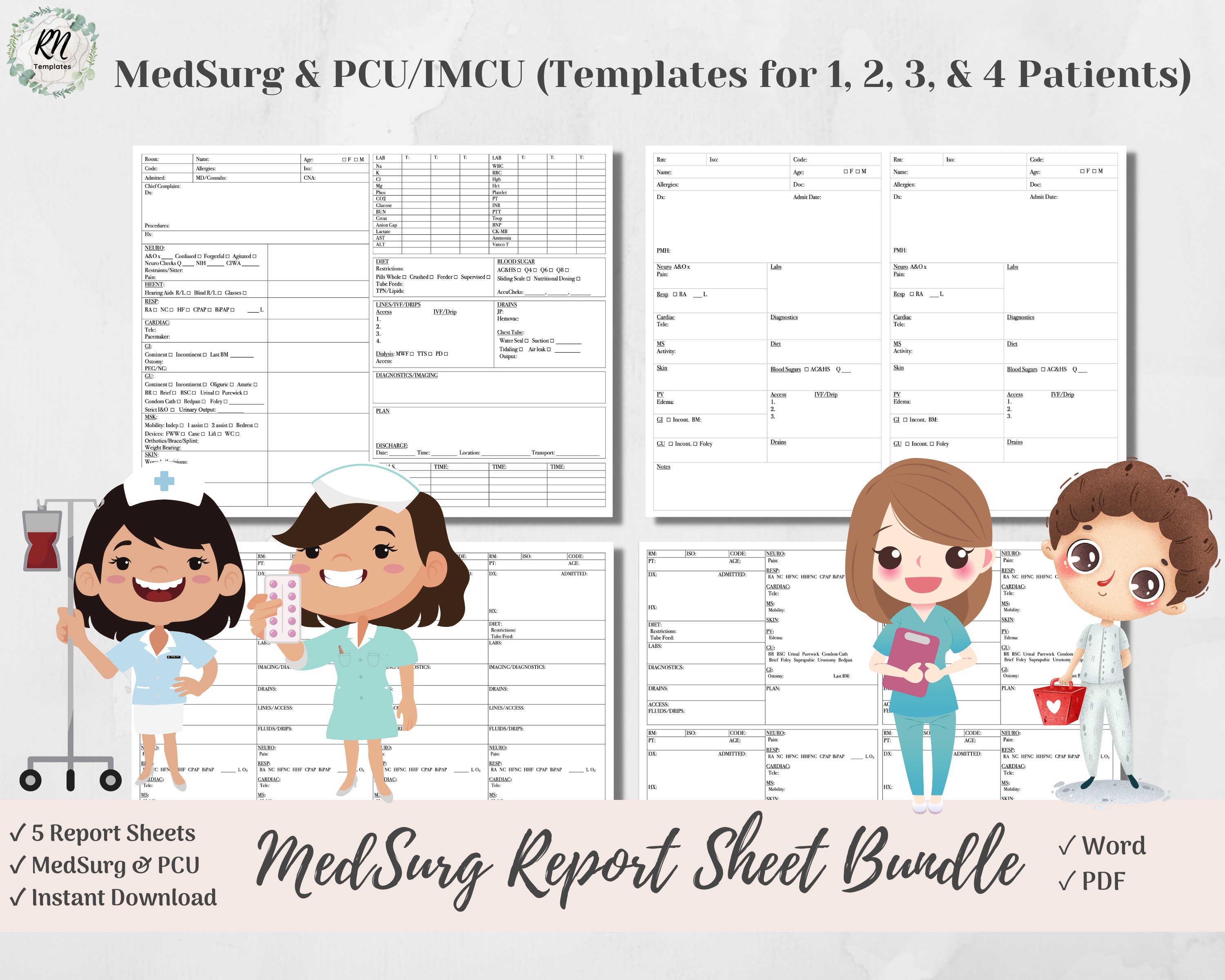 Medsurg PCU Report Bundle 5 Templates 1 2 3 & 4 Patient - Etsy