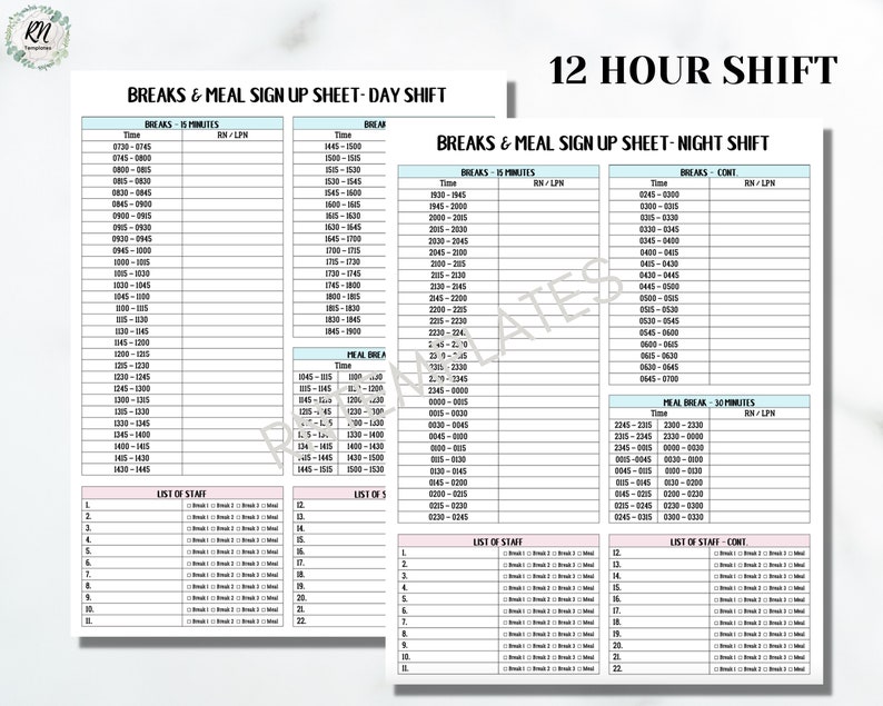 Nurse Break & Meals Tracker Template 2 Versions for 12 Hour | Etsy