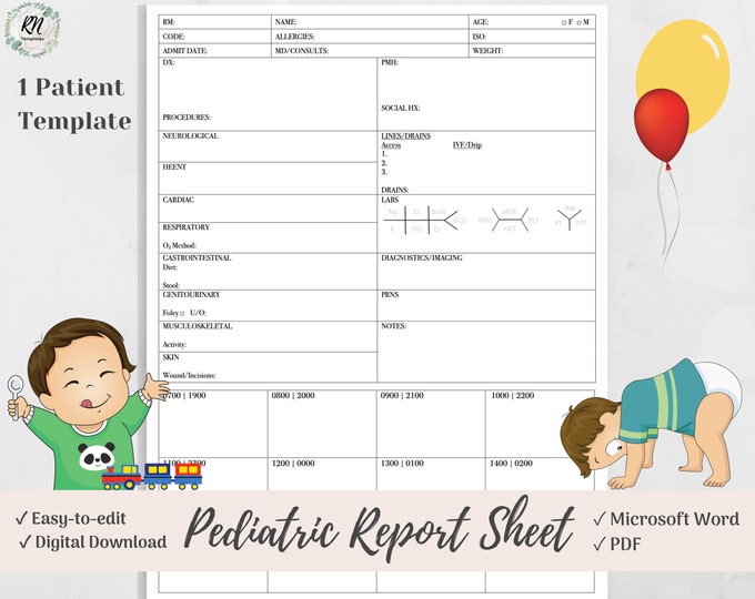 Pediatric Nurse Report Sheet for 1 Patient, Pediatrics Nurse Brain ...