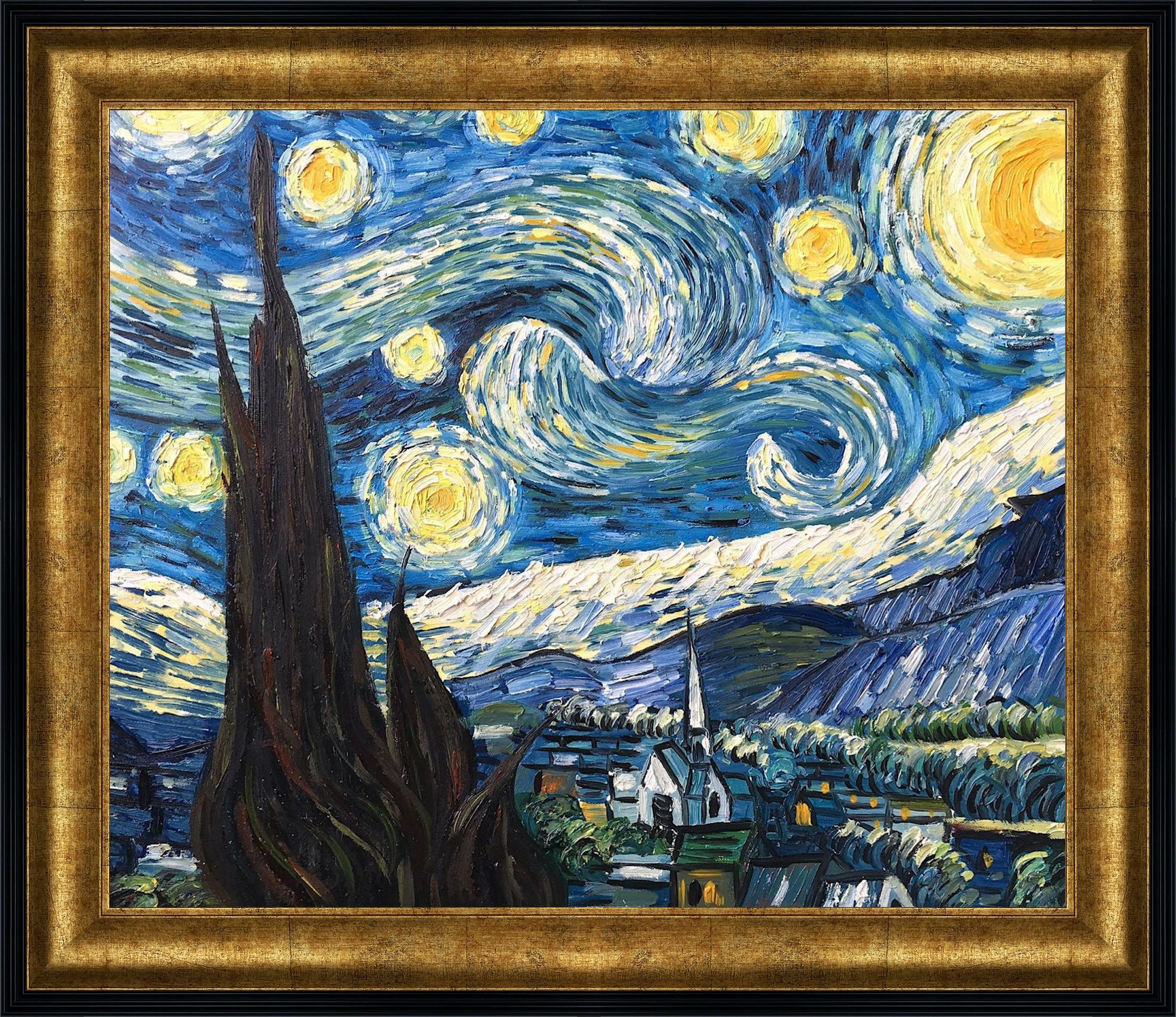 Van Gogh Starry Night, Hand-painted Oil Painting, Verona Pewter Frame ...