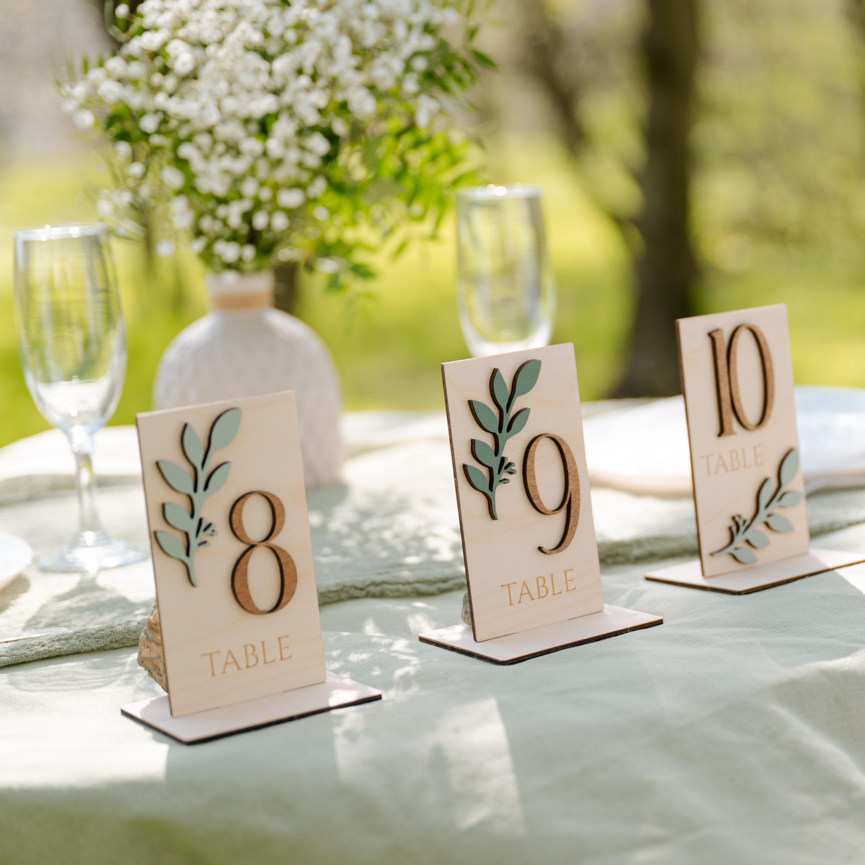 Boho Wedding Table Numbers With Stands: Wood With Leaf Detail ...
