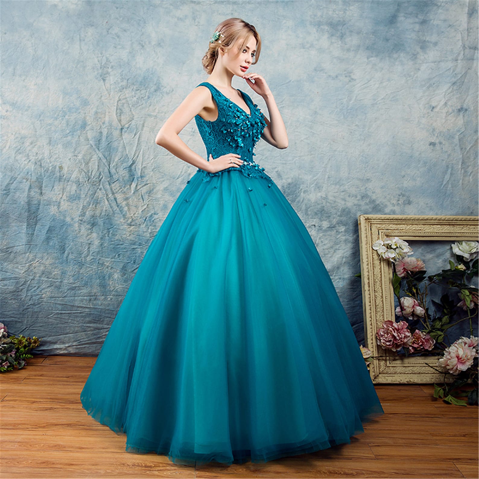 Peacock Blue Prom Dress Long V Neck Banquet Dress Photo Shot Etsy