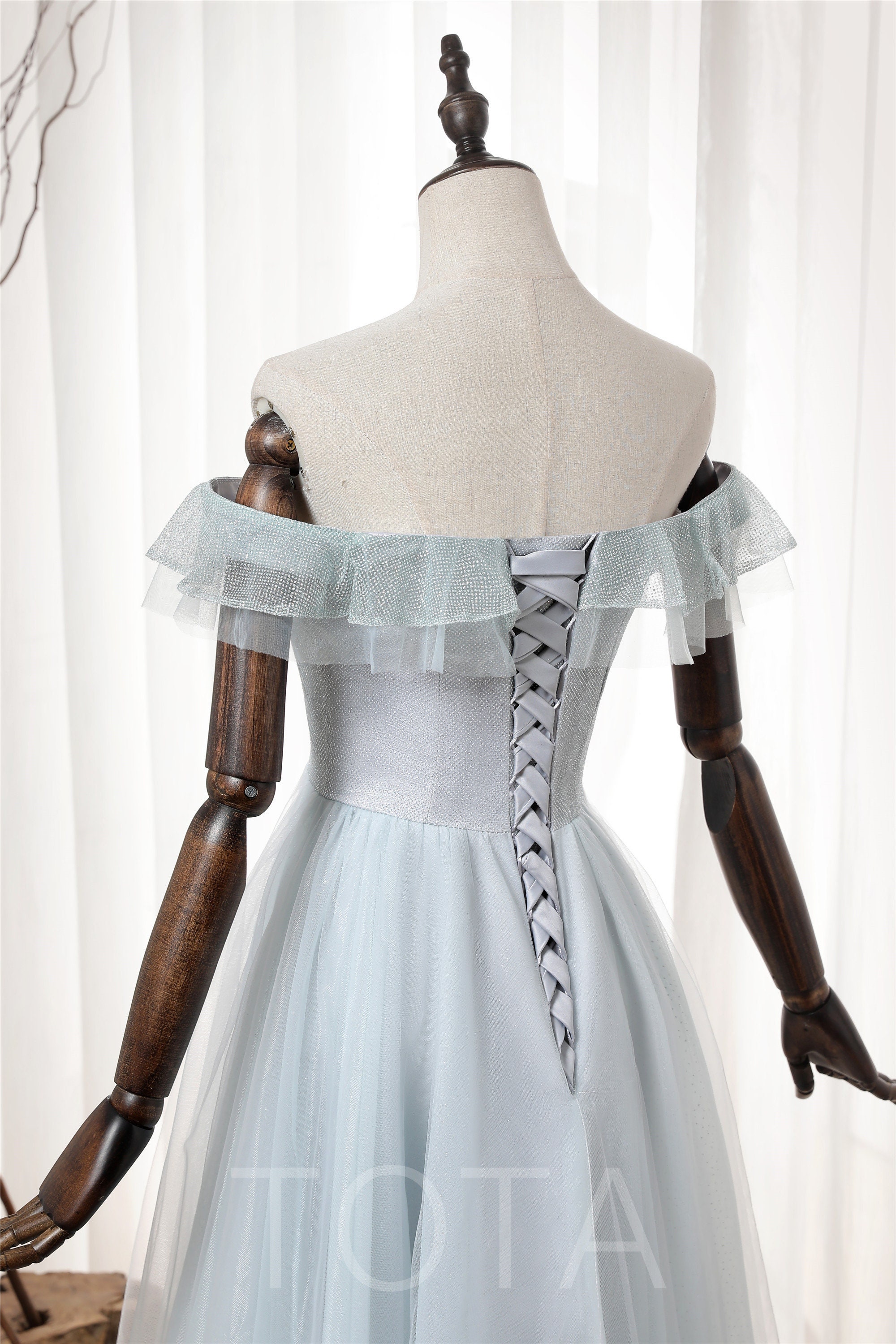 Small Ruffle Neckline Prom Dress Off the Shoulder Light Blue | Etsy