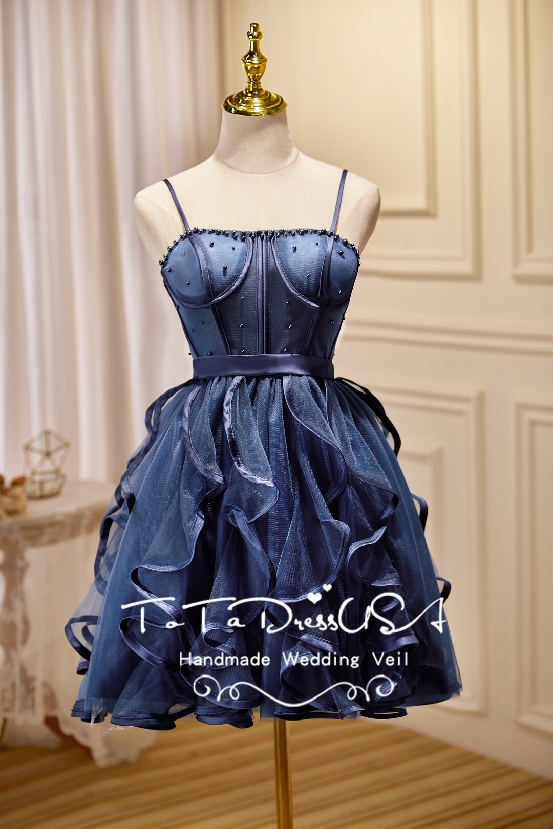 New Beaded Navy Blue Dress Homecoming Dress Spaghetti Straps Dress ...